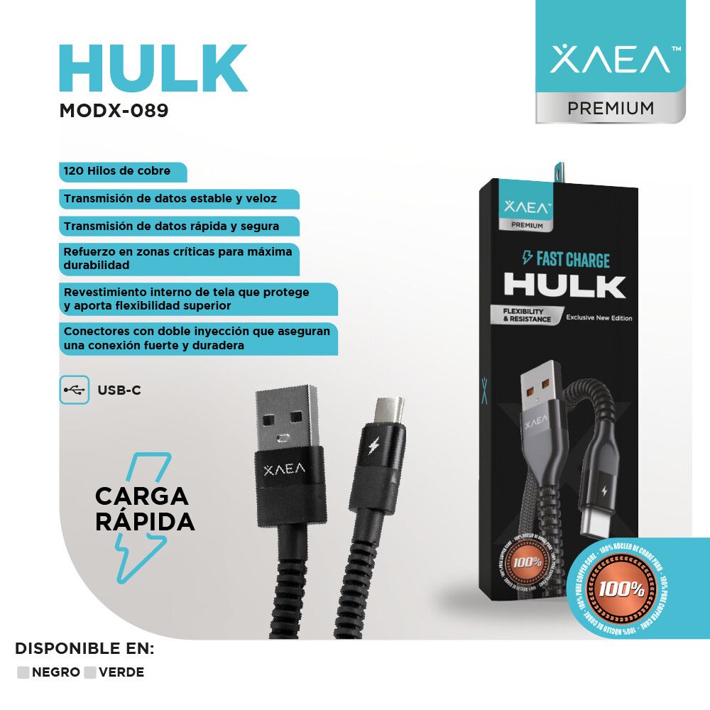 CABLE USB MODX-089 HULK TIPO C – XAEA – NEGRO – Only Formosa